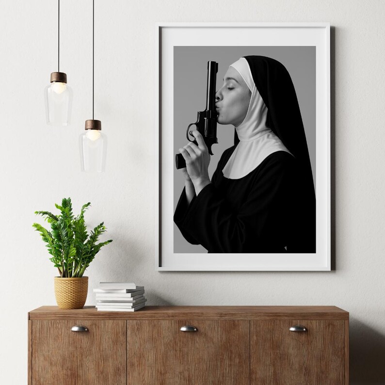 Controversial Pop Art Style Nun Kissing Gun Black and White Poster for ...