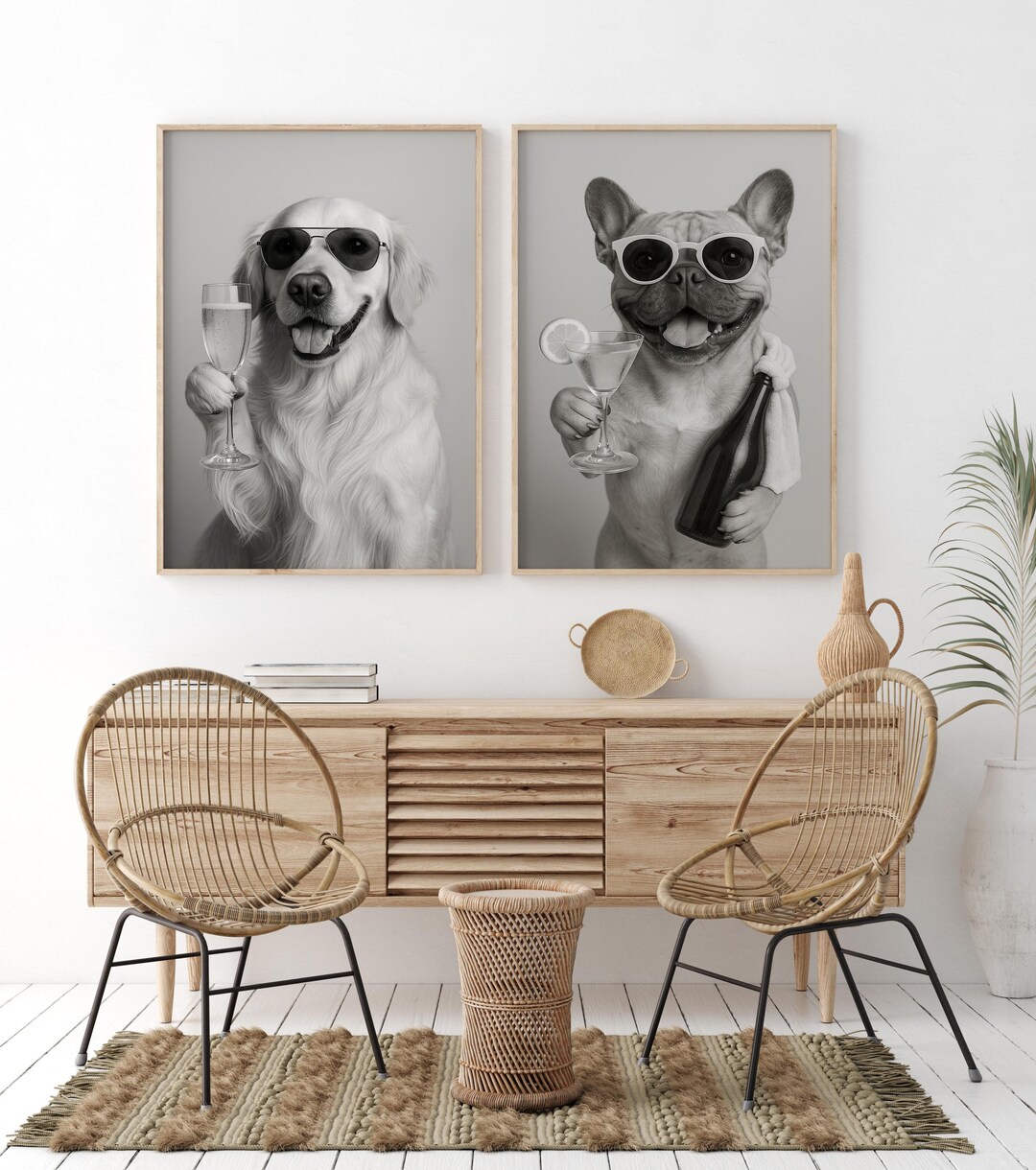 Funny Dog Bartender Wall Art Set With French Bulldog and Golden ...