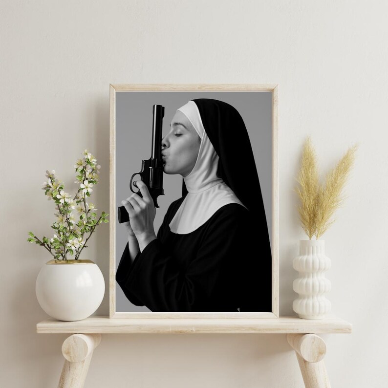 Controversial Pop Art Style Nun Kissing Gun Black and White Poster for ...