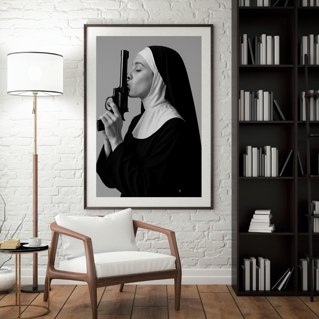 Controversial Pop Art Style Nun Kissing Gun Black and White Poster for ...