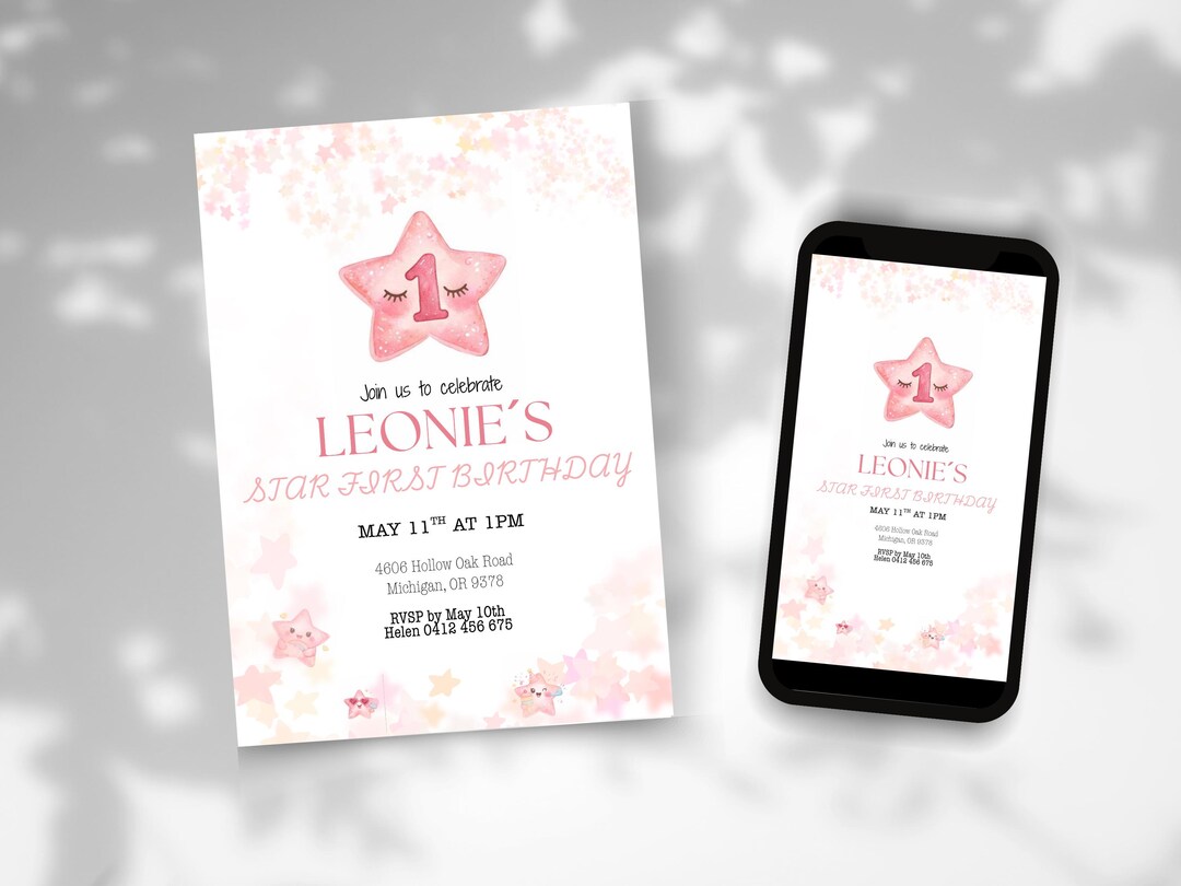 Star First Birthday Invitation, Editable Canva Template, Twinkle Star ...