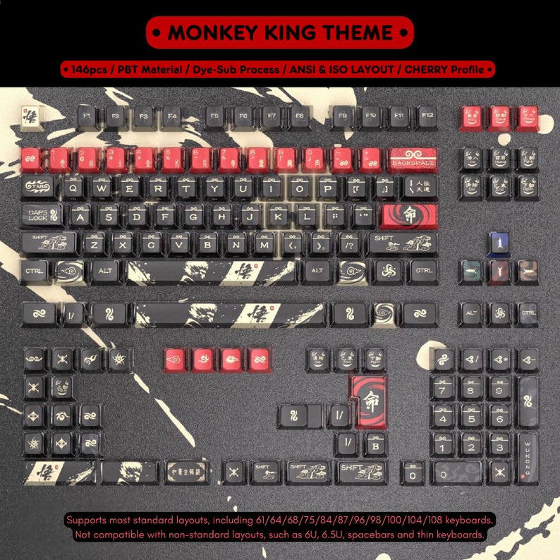 Monkey King Theme Keycaps Set for Mechanical Keyboard, PBT, ISO, Cherry ...