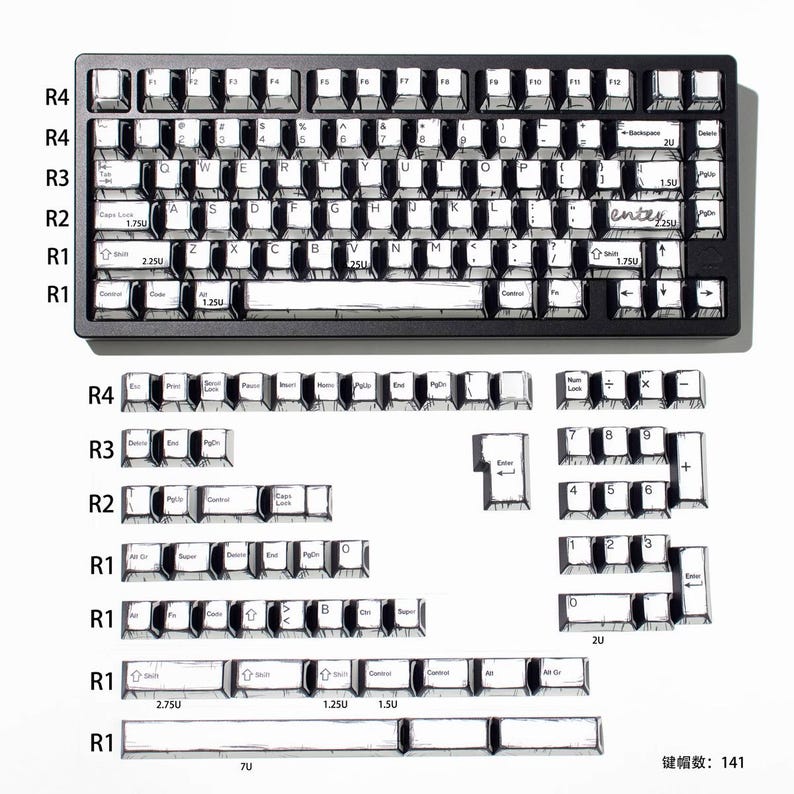 Cool Manga Black & White Graffiti Keycap Set for Mechanical Keyboard ...