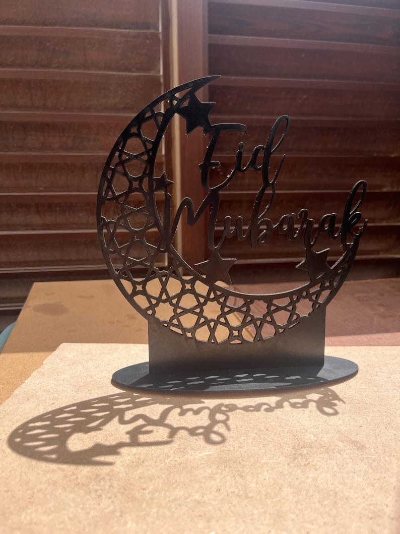 Eid Mubarak Crescent Moon Tabletop Sign With Islamic Arabesque Pattern ...