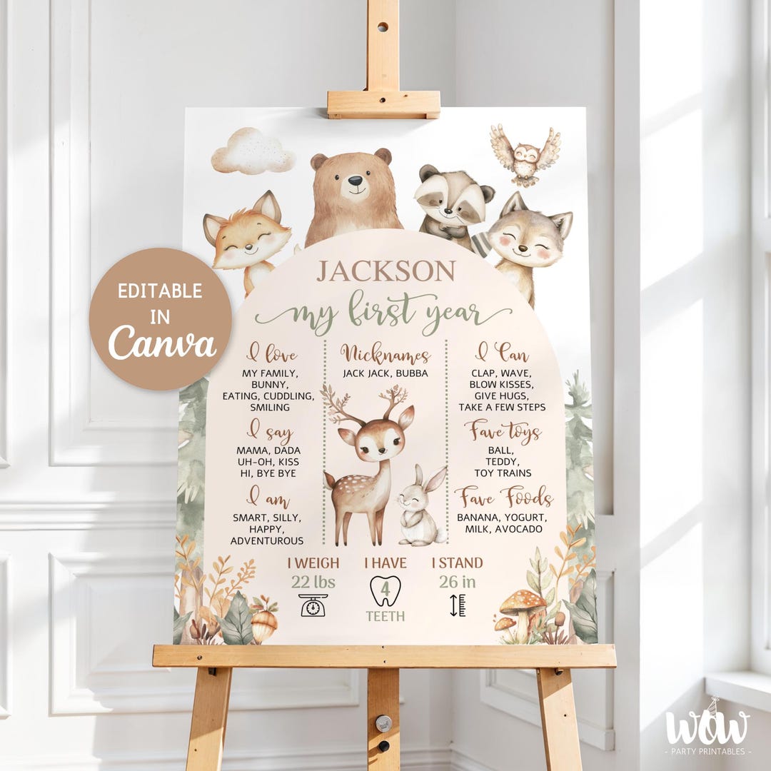 Editable Woodland Milestones Poster, Canva Template, First Birthday ...