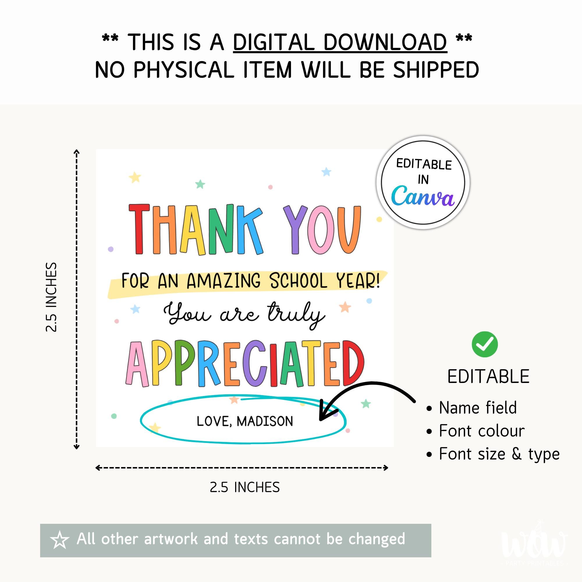 Teacher Appreciation Gift Tags, Editable Canva Template, School Year ...