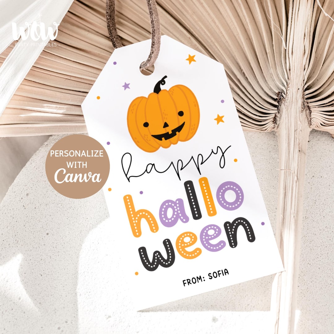 Halloween Treat Bag Tags, Editable Canva Template, Cute Pumpkin Spooky ...