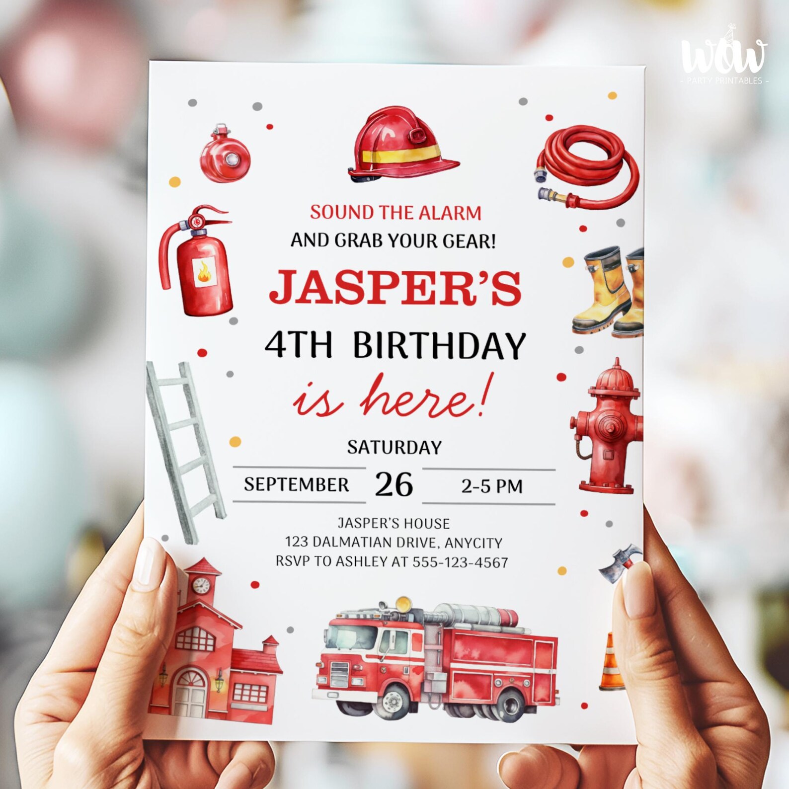 Fire Truck Birthday Invitation, Firefighter Fire Engine Themed Party ...
