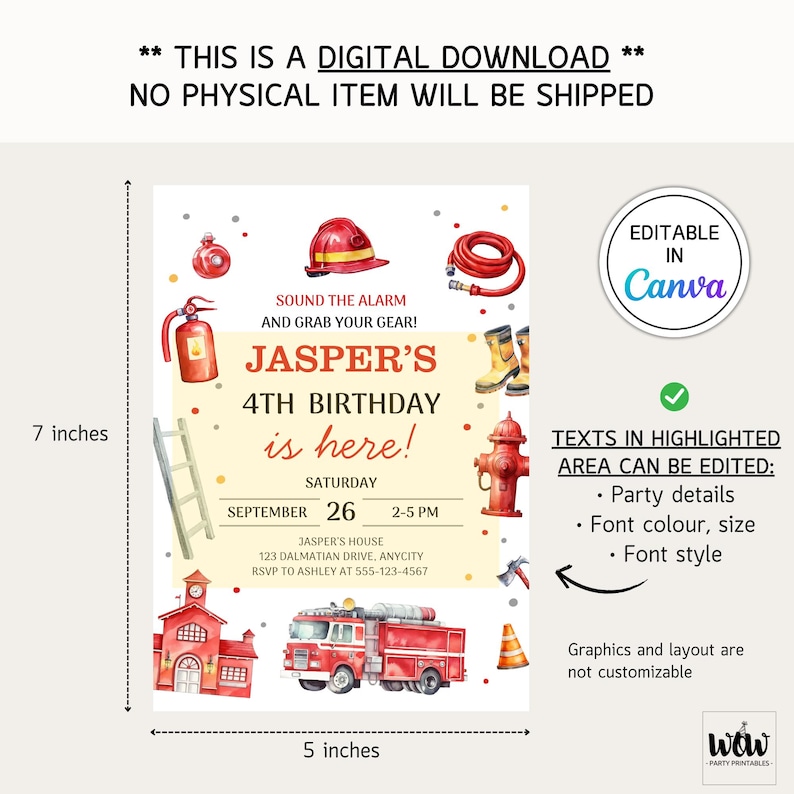 Fire Truck Birthday Invitation, Firefighter Fire Engine Themed Party ...