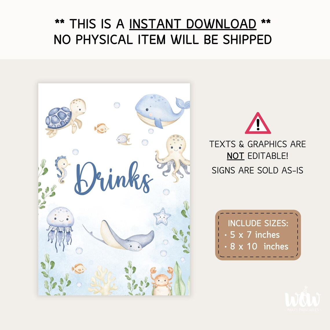 Under the Sea Table Sign, Drinks Sign, Ocean Kids Birthday Party, Blue ...