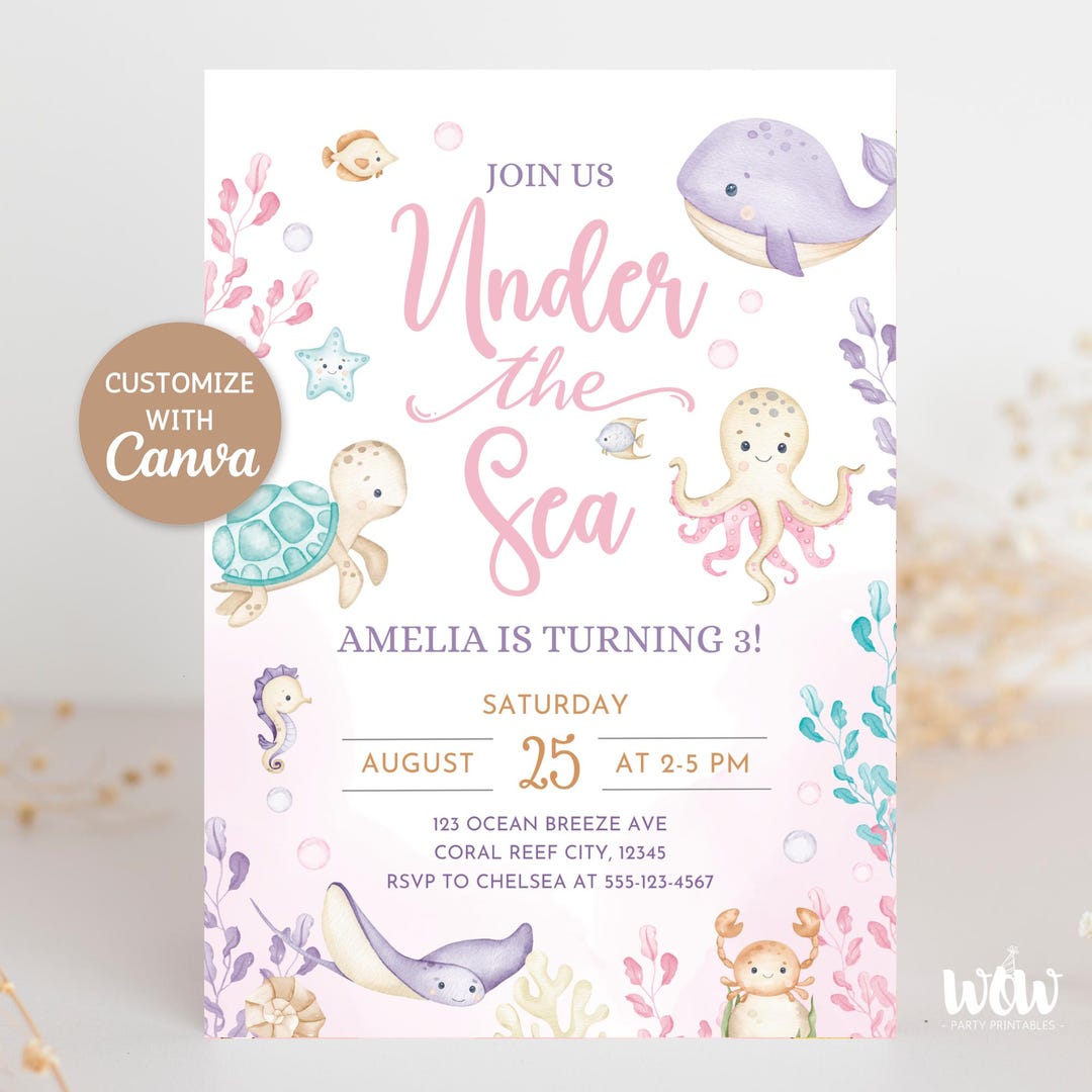 Pink Under the Sea Birthday Invitation, Editable Sea Animals Ocean ...