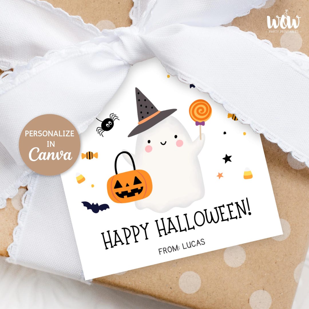 Halloween Treat Bag Tags, Editable Canva Template, Spooky Ghost Party ...