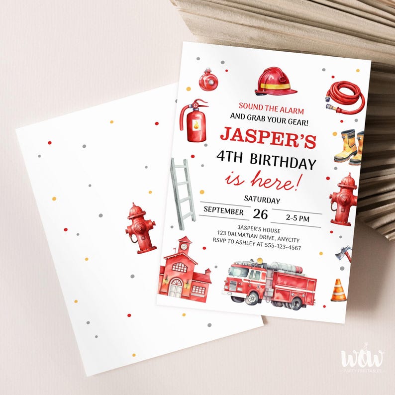 Fire Truck Birthday Invitation, Firefighter Fire Engine Themed Party ...