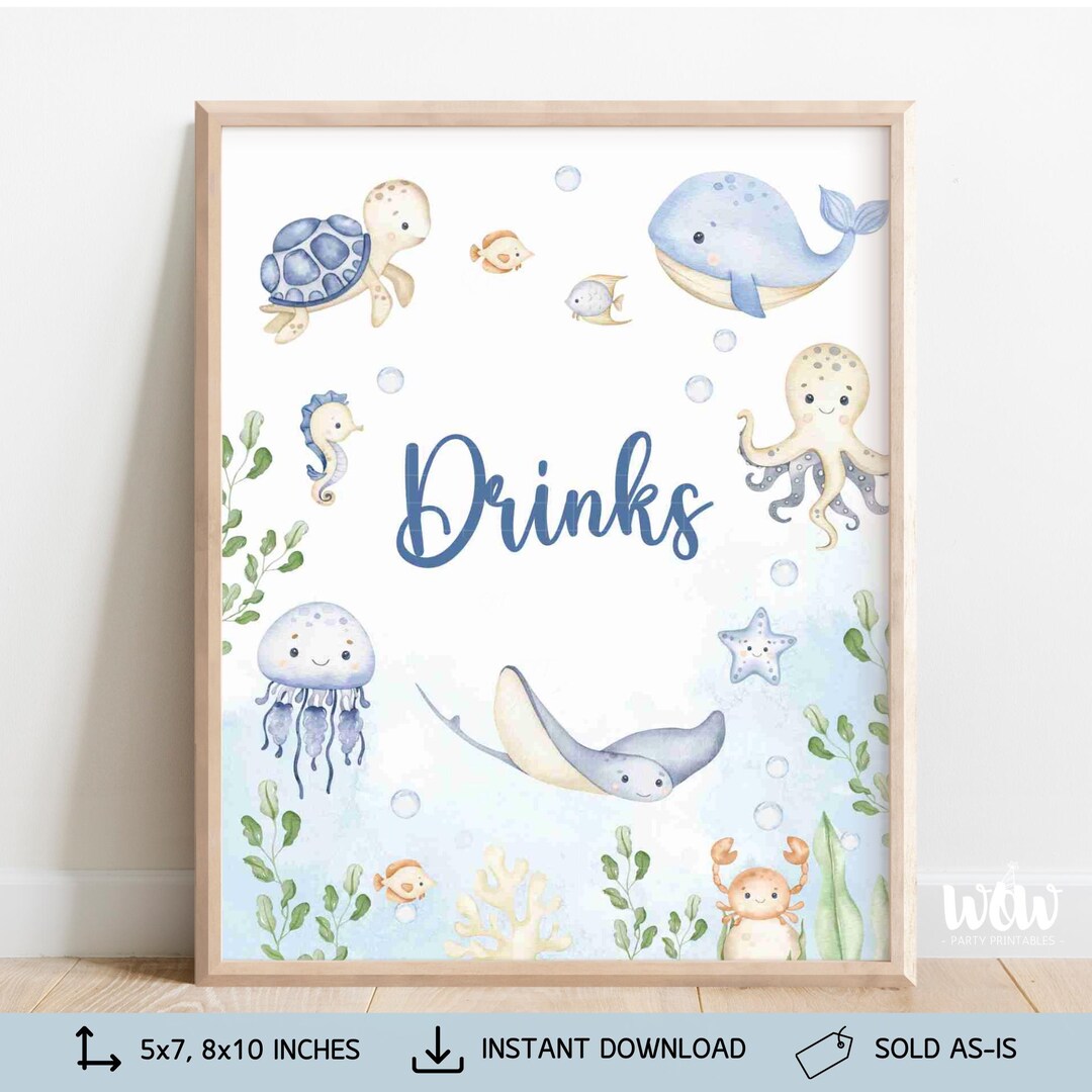 Under the Sea Table Sign, Drinks Sign, Ocean Kids Birthday Party, Blue ...