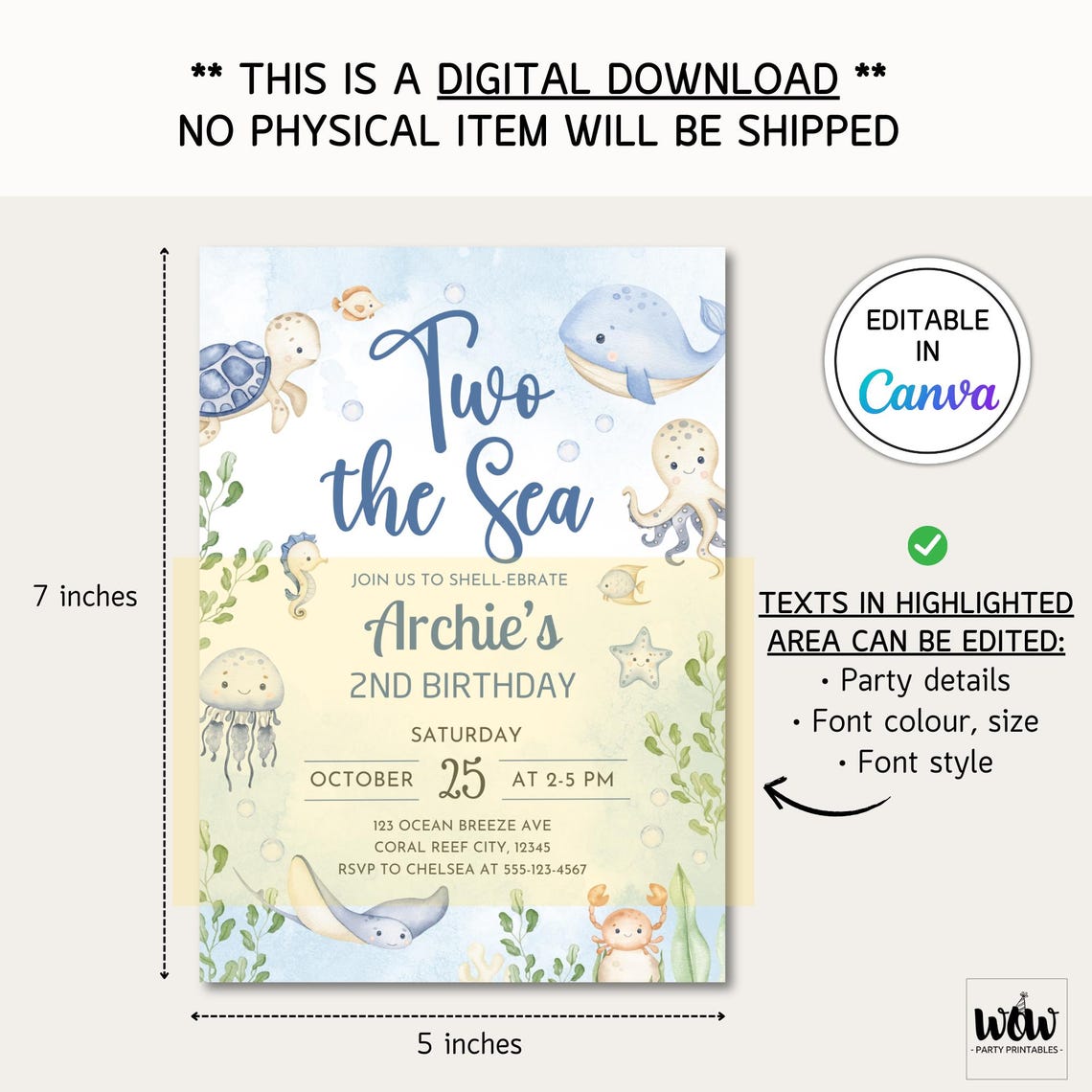 Two the Sea Birthday Invitation, Editable Canva Template, Sea Animals ...