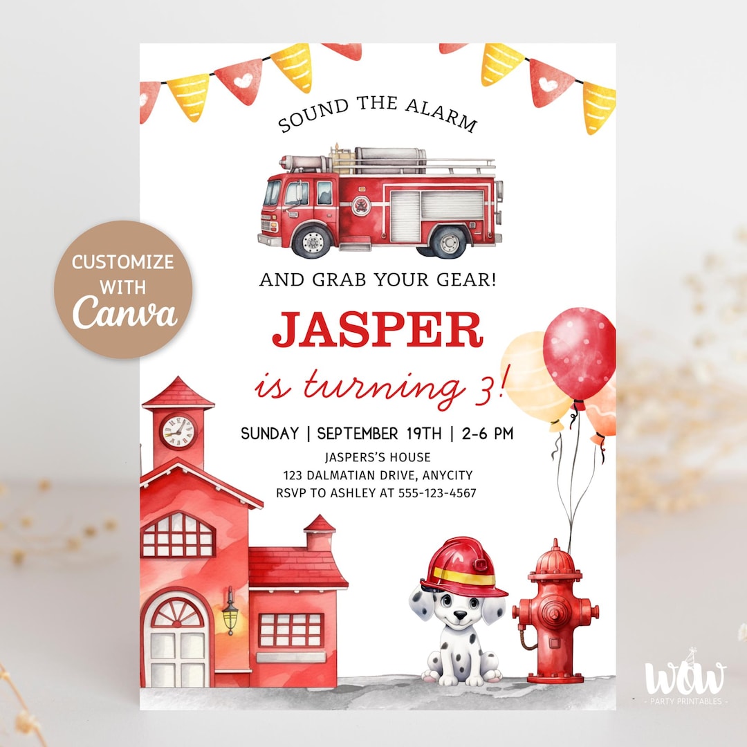 Firetruck Birthday Invitation, Firefighter Fire Engine, Editable Canva ...