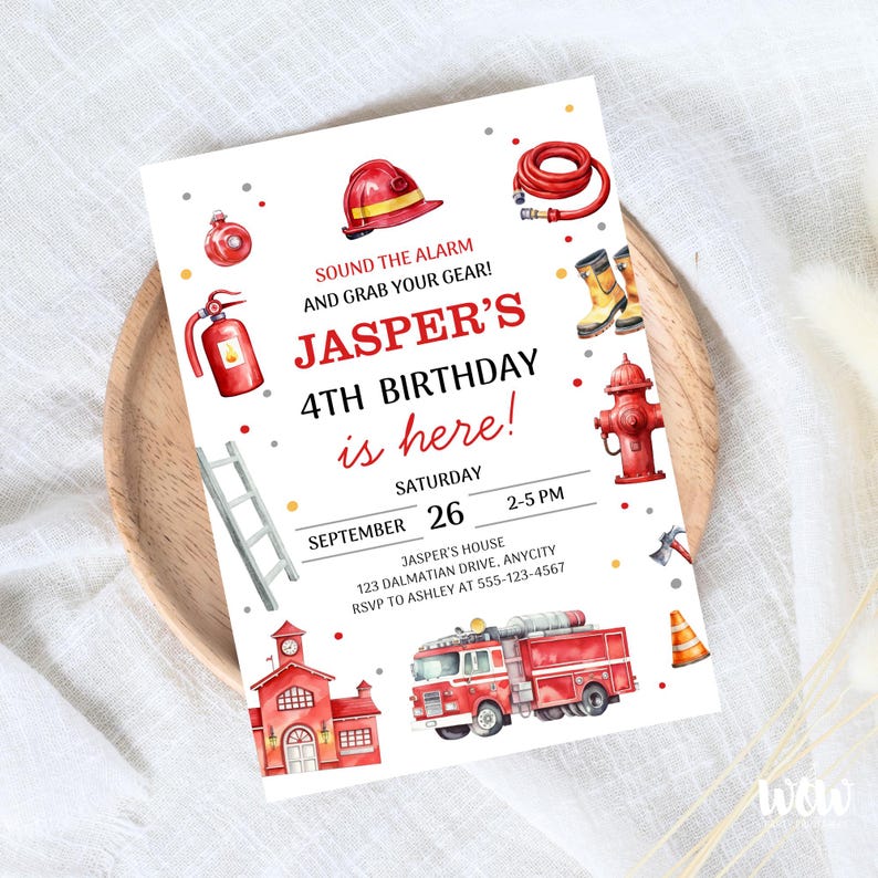 Fire Truck Birthday Invitation, Firefighter Fire Engine Themed Party ...
