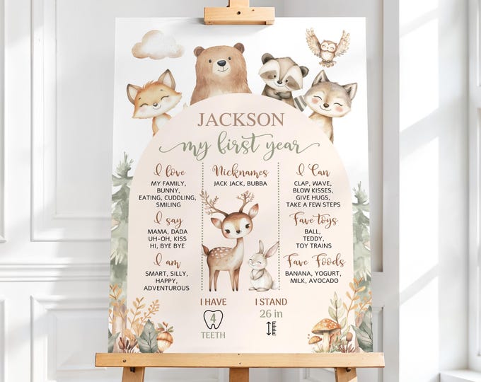 Editable Woodland Milestones Poster, Canva Template, First Birthday ...