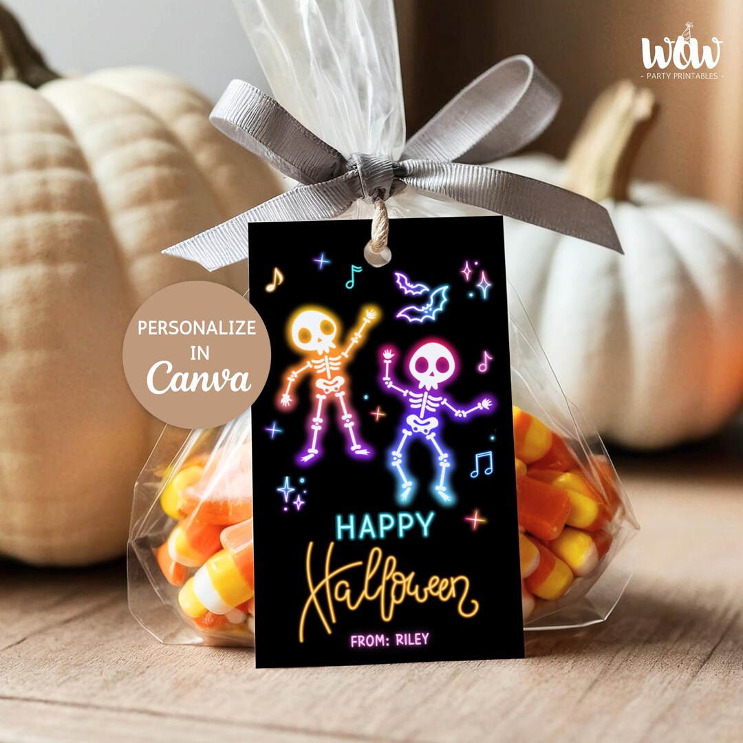 Halloween Gift Tags, Cute Dancing Skeletons Neon Glow, Party Favour ...