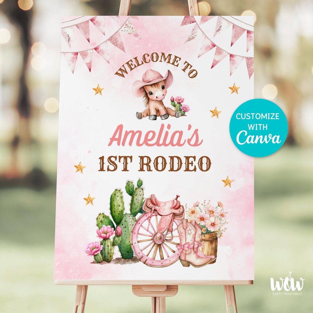 First Rodeo Girl Birthday Welcome Sign, Editable Canva Template Poster ...