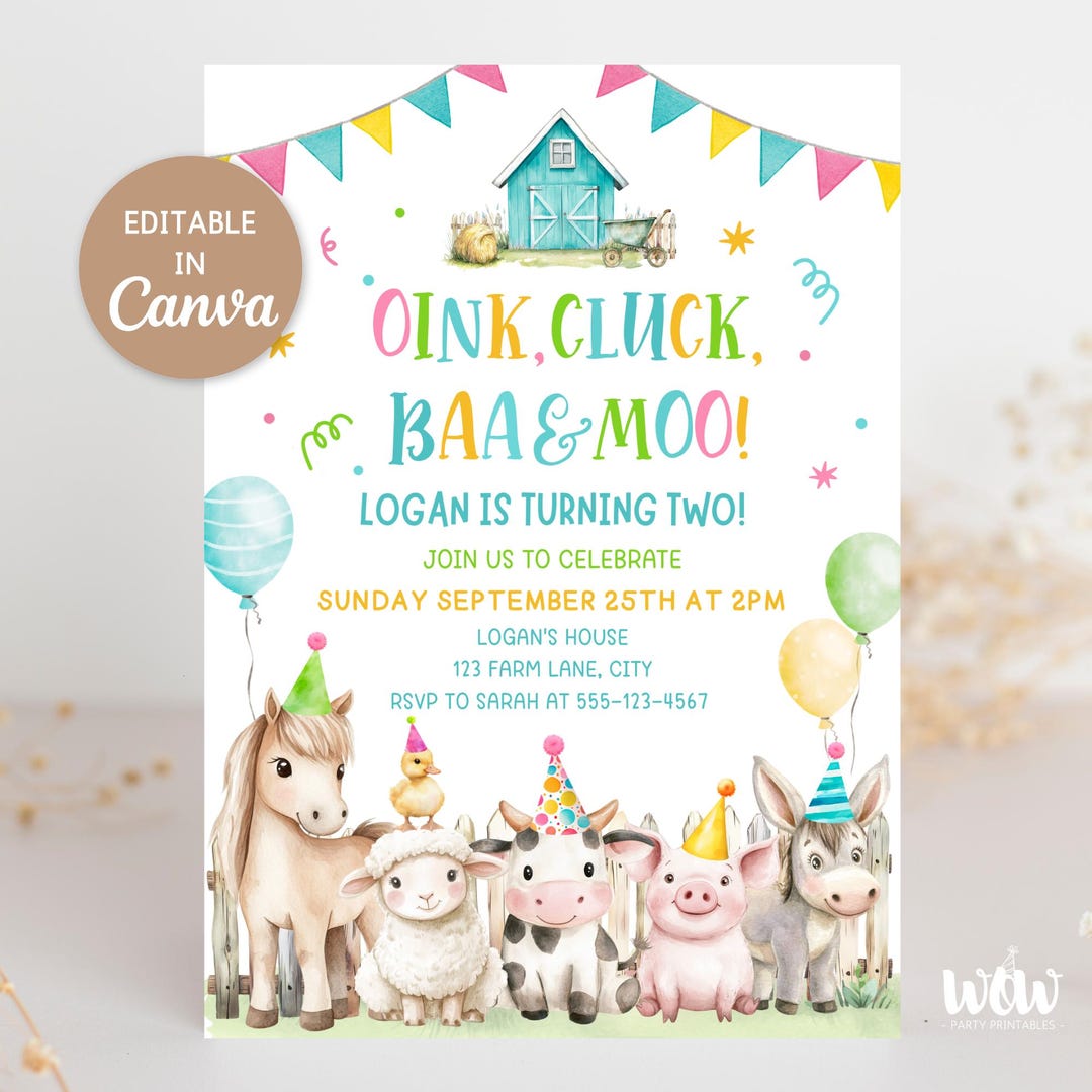 Farm Animals Birthday Invitation, Editable Canva Template, Oink Cluck ...