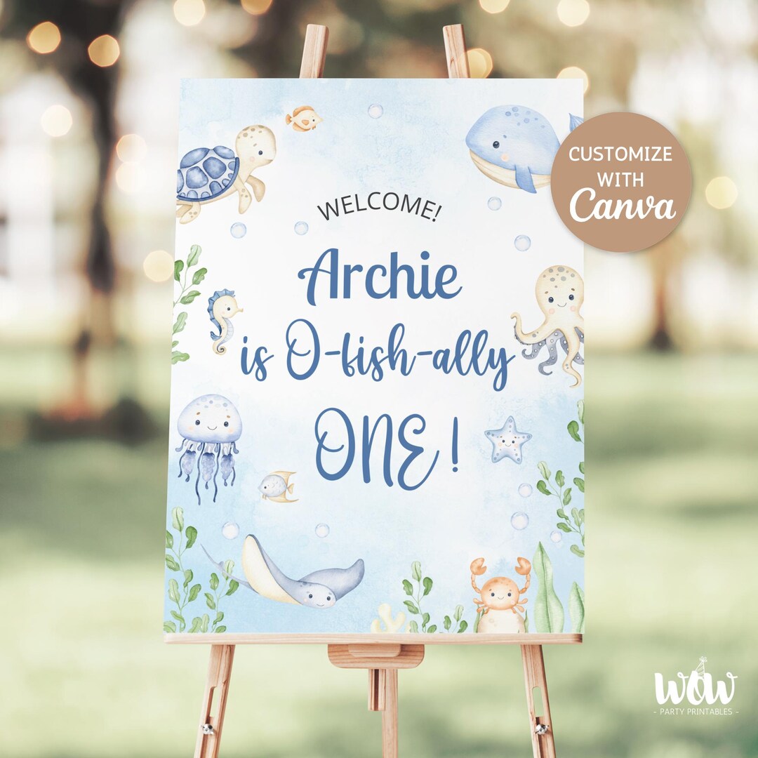 O-fish-ally One Under the Sea Birthday Welcome Sign, Editable Canva ...