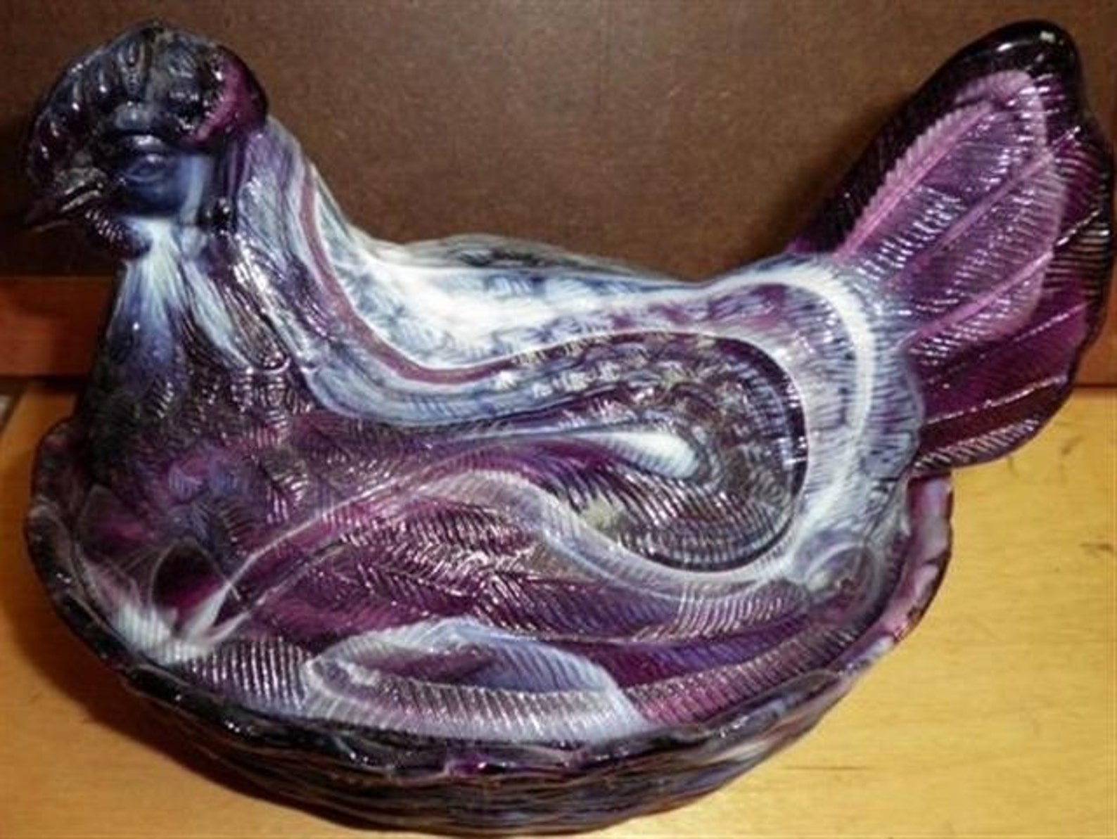 Dark Purple and White Slag Glass Hen on Nest Dish | Etsy