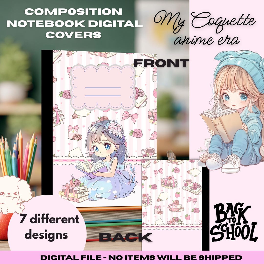 Coquette Notebook Covers: Kawaii Anime Designs (canva Template, Digital ...