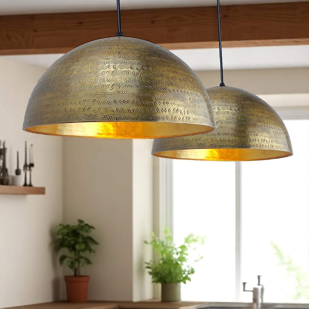 Set of 2 Brass Dome Light Fixtures, Duo of Hammered Brass Pendant Lamp ...