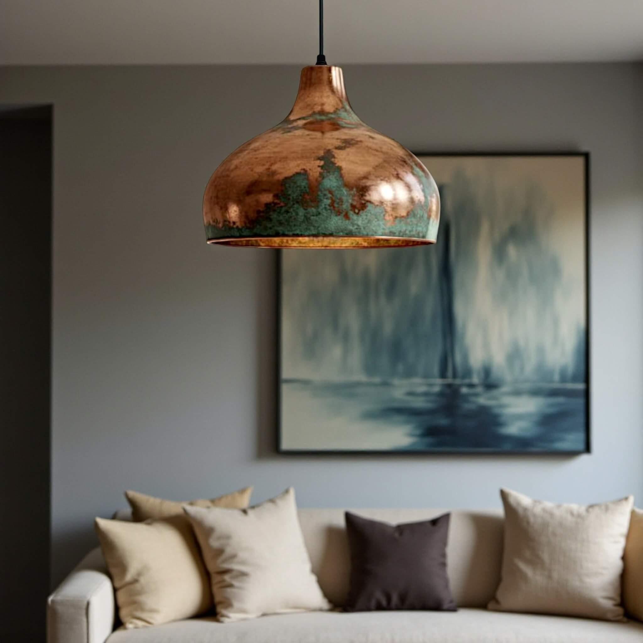 Oxidized Copper Pendant Light – Handmade Green Patina Dome Ceiling Lamp ...