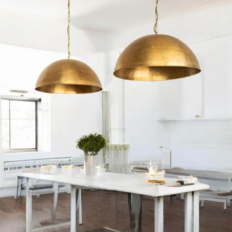 Set of 2 Brass Dome Pendant Lights - Oversized Dome Kitchen Island ...
