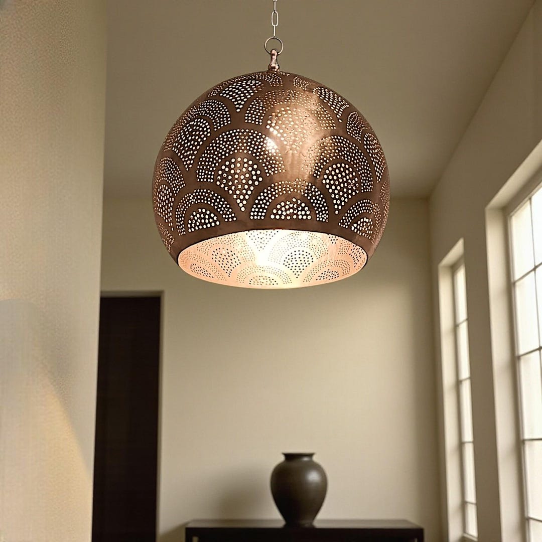 Handmade Brushed Brass Hanging Lamp – Perforated Globe Pendant Light ...