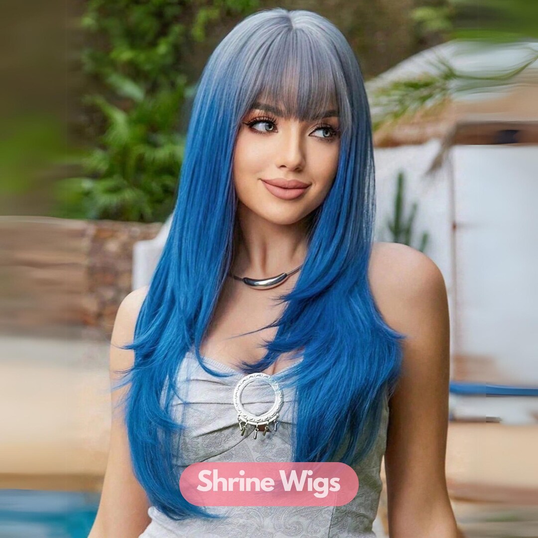 Natural Silver Gray Blue Wig, 24 Inch Long Straight Wig, Wig With Bangs ...