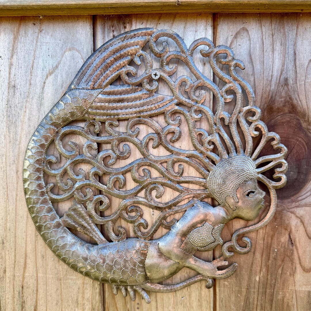 Wall Hanging Mermaid With Curly Hair, Metal 11 Inches Round - Etsy