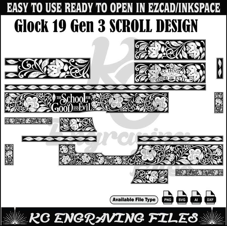 Glock 19 Gen 3 SCROLL DESIGN Svg Lasercut,laserengraving,fiberlaser ...