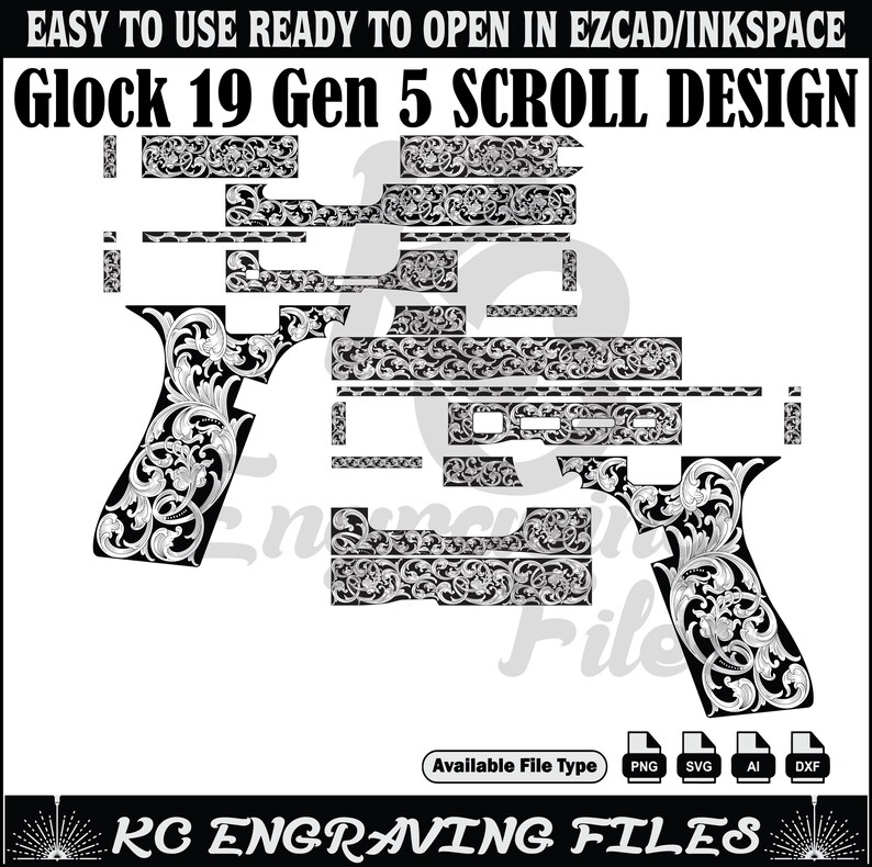 Glock 19 Gen 5 SCROLL DESIGN Svg Lasercut,laserengraving,fiberlaser ...