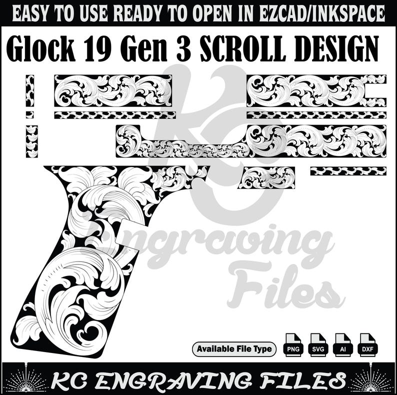 GLOCK 19 Gen 3 SCROLL DESIGN Svg Lasercut,laserengraving,fiberlaser ...