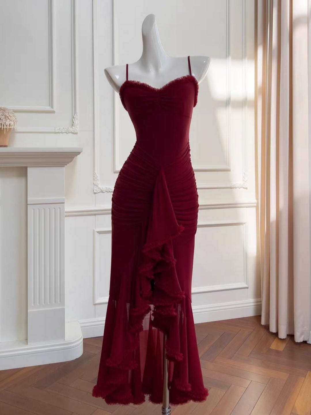 Luxury Wine Red Burgundy Ruffle Mesh Slip Dress With Frill Details ...