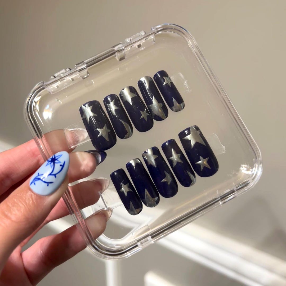 Silver Star Nail Set | Navy Blue Press-on Nails | Chrome Nails | Silver ...