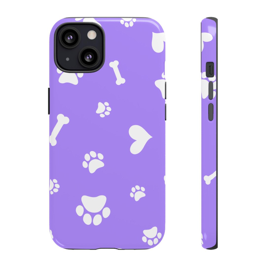Purple Dog Paw Print Phone Case, Cute Bone Heart Pattern for Pet Lovers ...