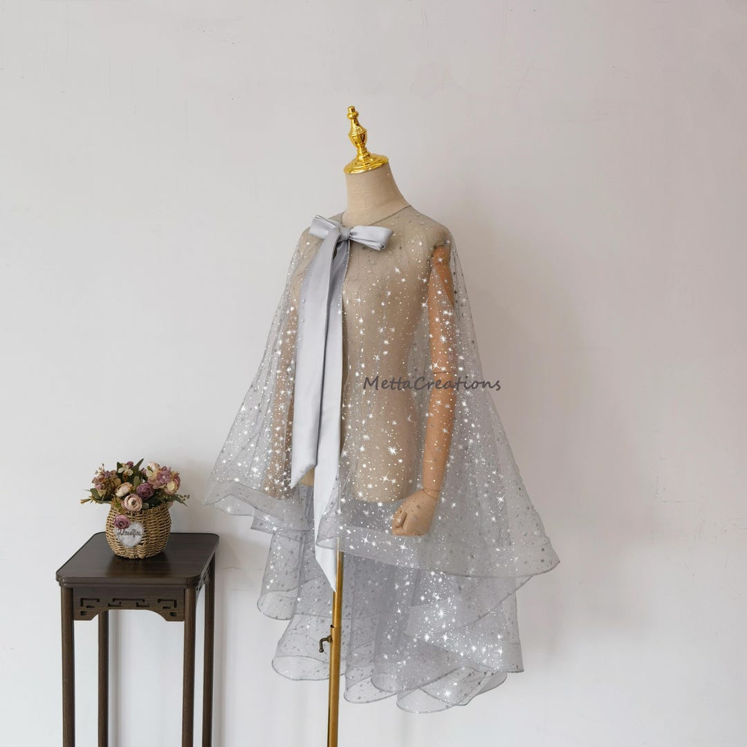 Gray Glittering Celestial Bridal Cape, Starry Stars Tulle Wedding Cape ...
