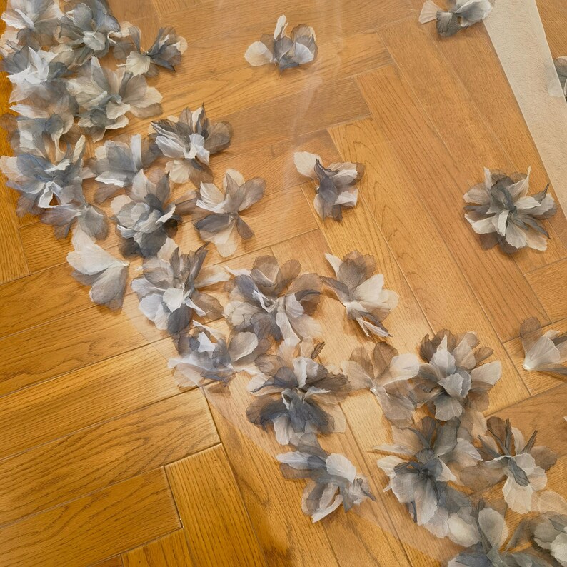 Dusty Blue 3D Flowers Tulle Wedding Veil, Single Layer Fairy Cathedral ...