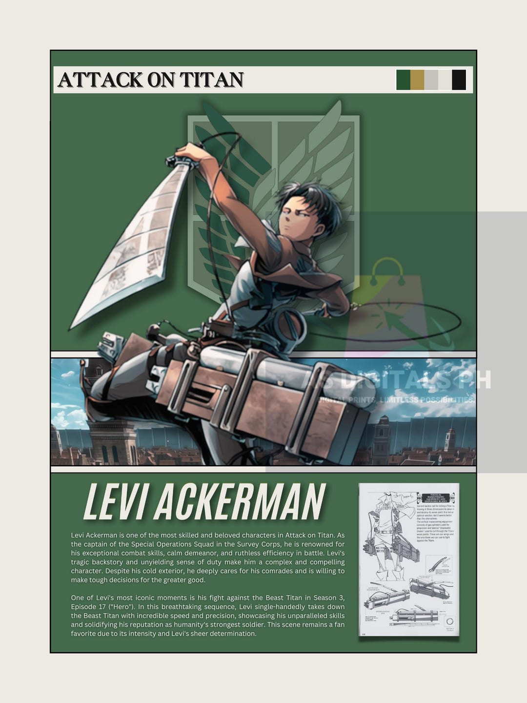 Attack on Titan Poster Levi Ackerman Digital Art, High-quality 300 DPI ...