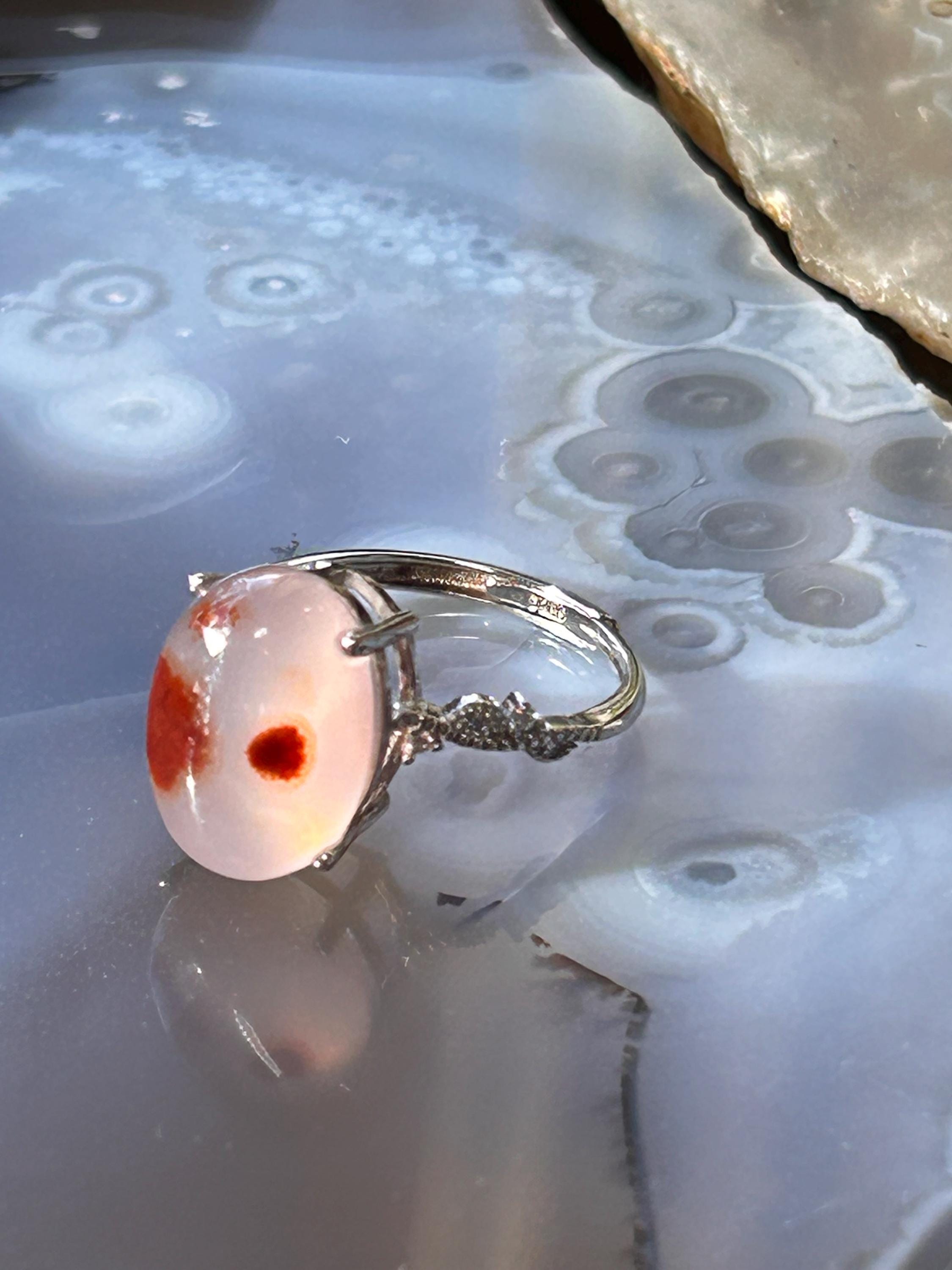 Agate & Cinnabar Inclusion Ring | Sterling Silver Adjustable Statement ...