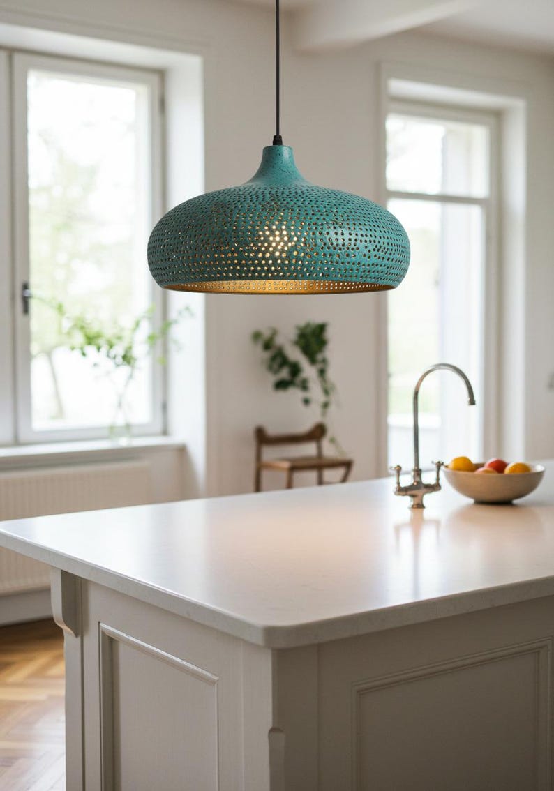 Green Patina Copper Dome Pendant Light: Hammered Rustic Kitchen Island ...