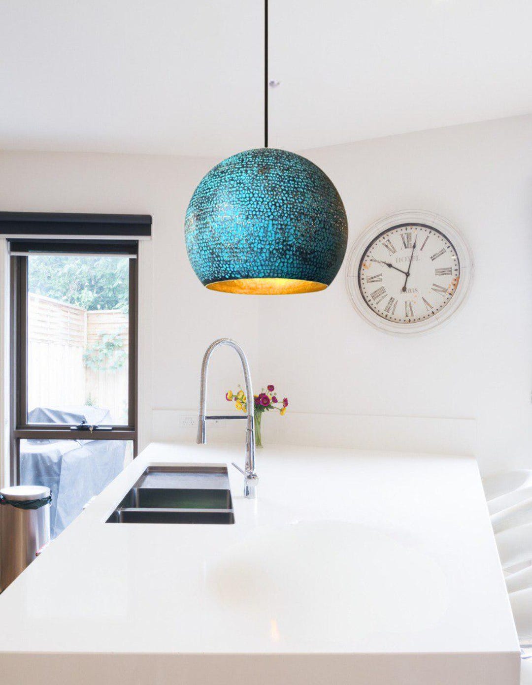Handmade Blue Patina Dome Pendant Light - Brass Hanging Lamp for Modern ...