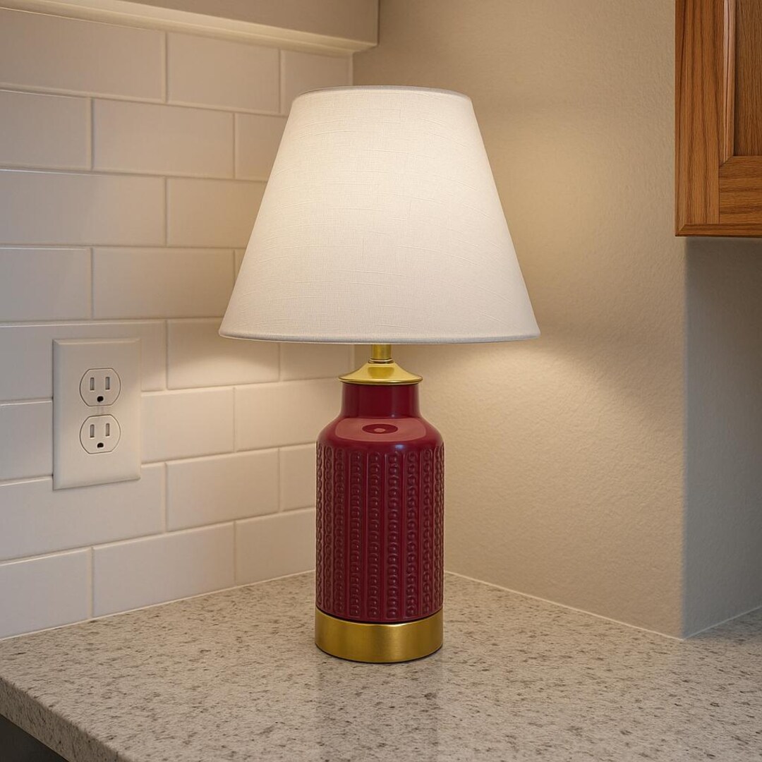 Maroon Ceramic Table Lamp With Brass Base and White Linen Shade - Etsy