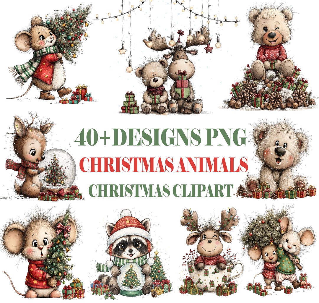 40+christmas Woodland Animals Clipart Png Bundle, Festive Holiday ...