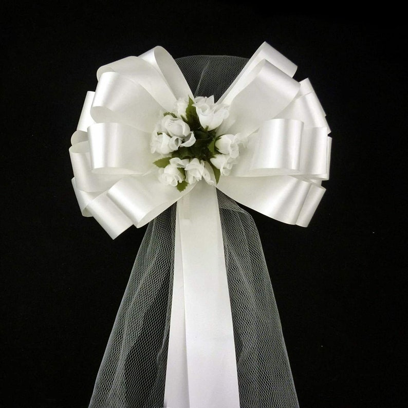 White Pull Bows With Tulle Tails and Rosebuds 8 Wide | Etsy