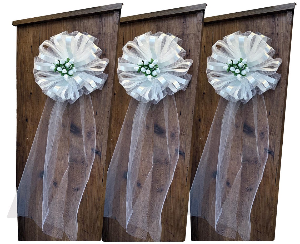 6 Large White Wedding Pew Bows Fully Assembled With Tulle, Ribbon and ...